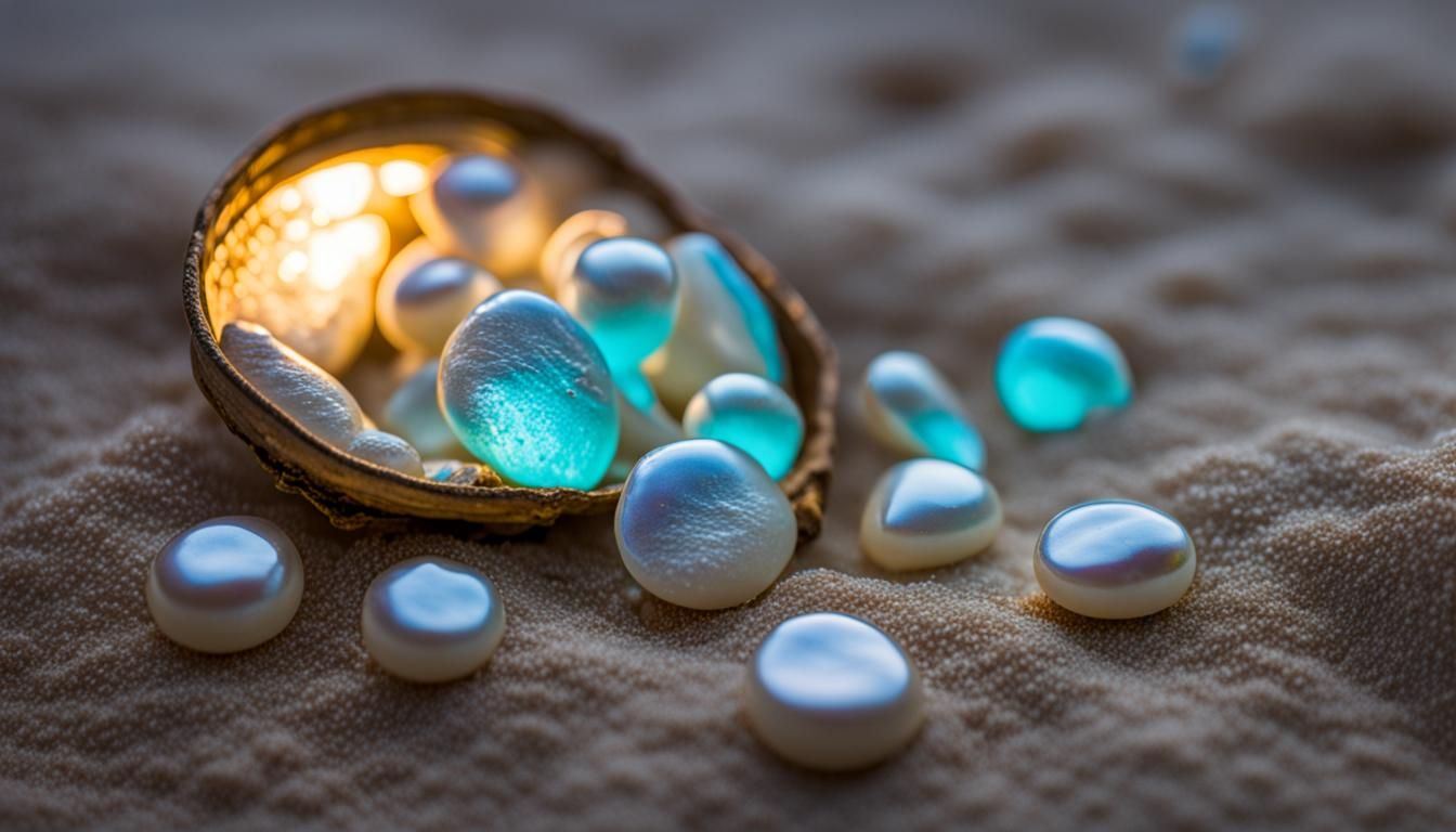 Bioluminescent Coin and Pearls Treasure Washed Ashore at Night, Glowing ...