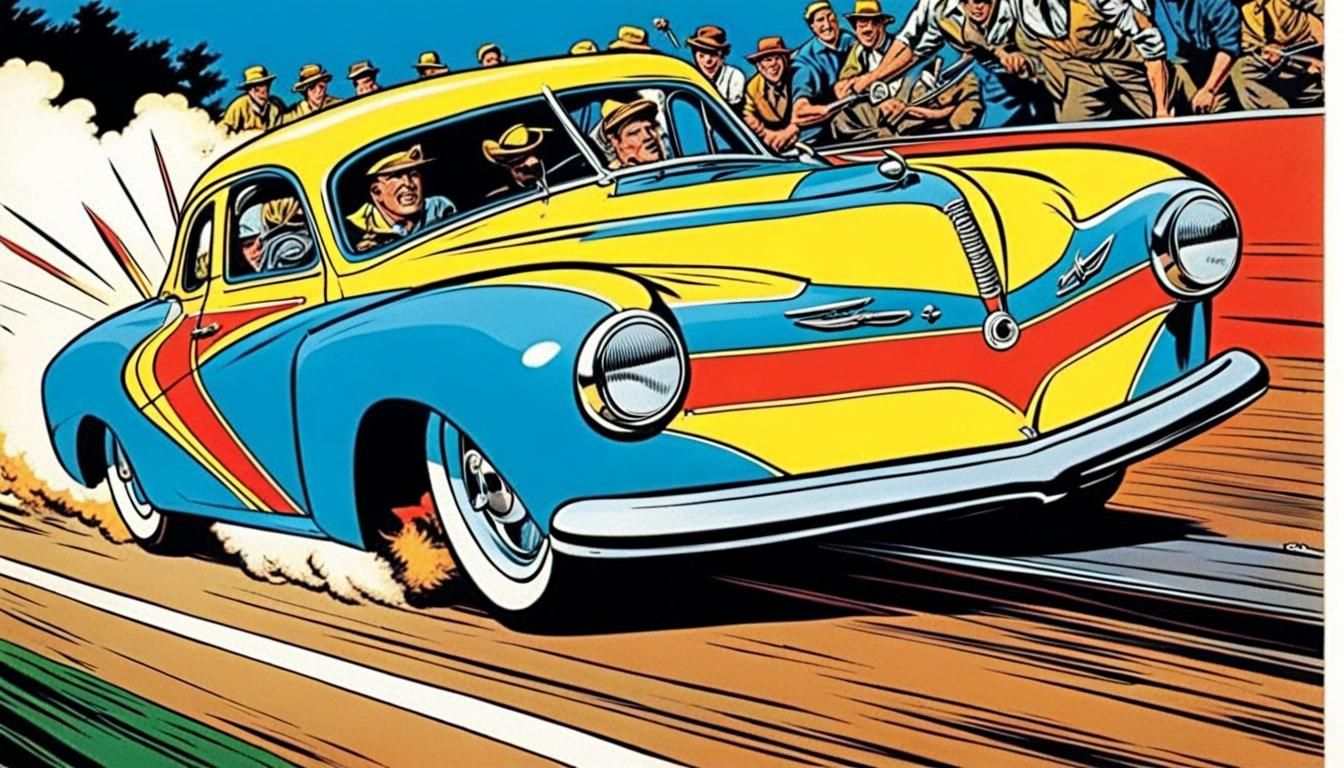action filled drag racing, dutch angle, 1950 comic, vibrant colours ...