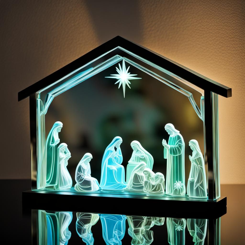 Electroluminescent 3d nativity set made of glass sitting on a mirror ...
