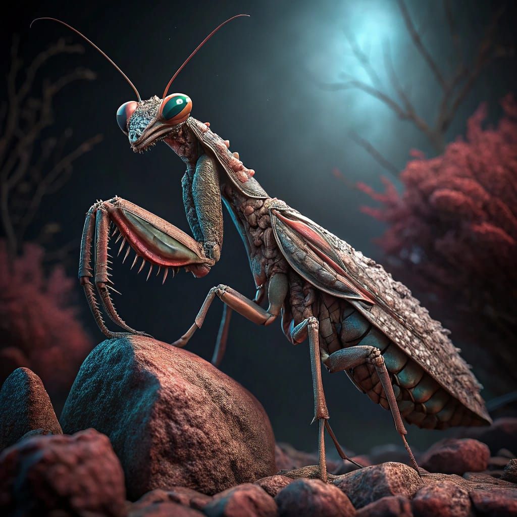 A hyper-detailed surreal sculpture of a praying mantis, full-body view ...