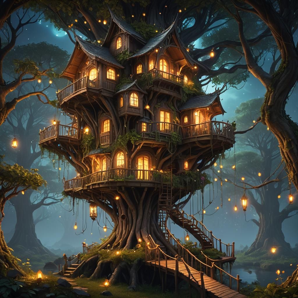 Fabulous elven treehouse - AI Generated Artwork - NightCafe Creator