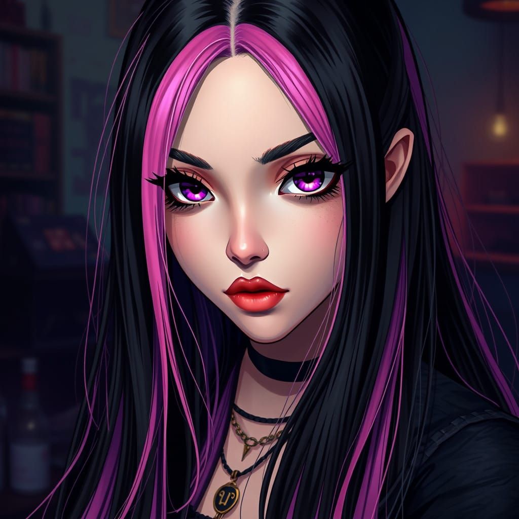 Gothic Gamer Goddess with Vibrant Eyes and Edgy Ha... - AI Art