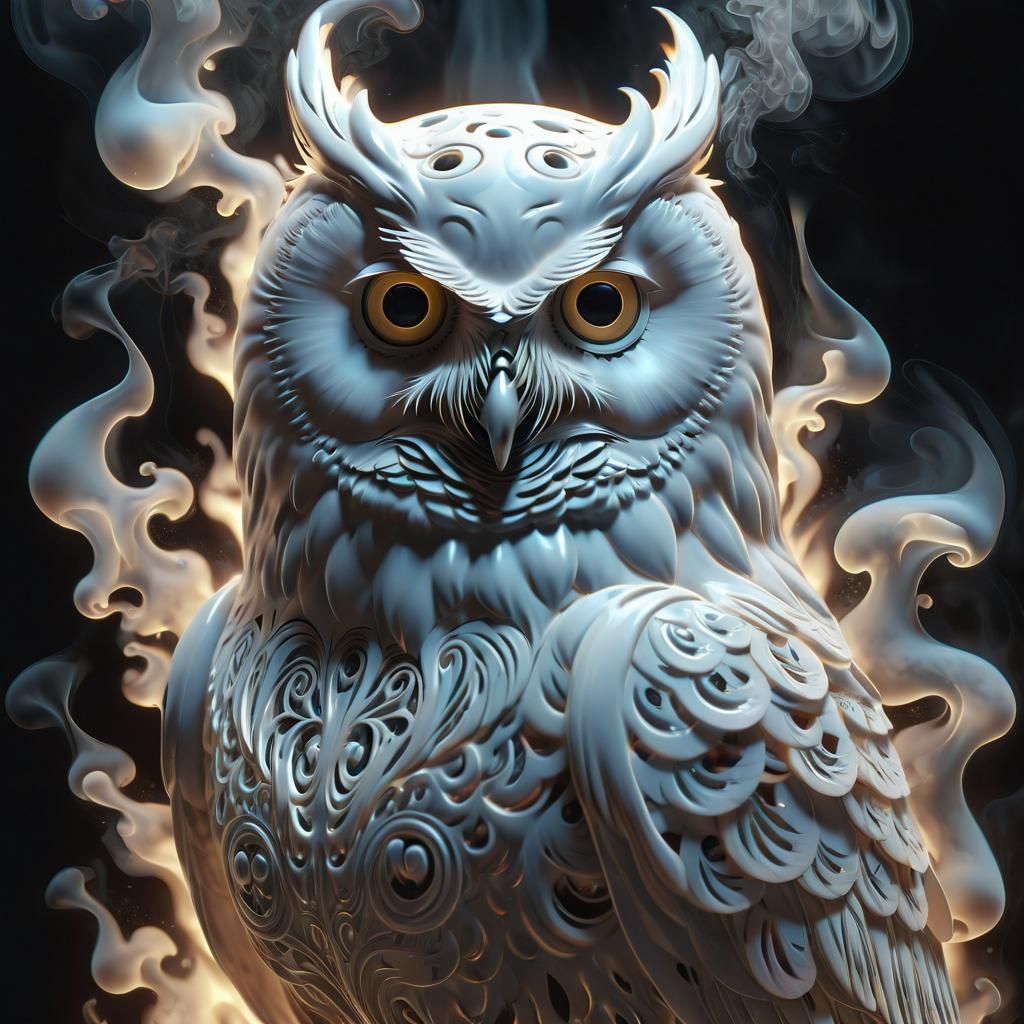 Ghost owl, fractal, smoke, illumination, art nouveau, oil painting ...