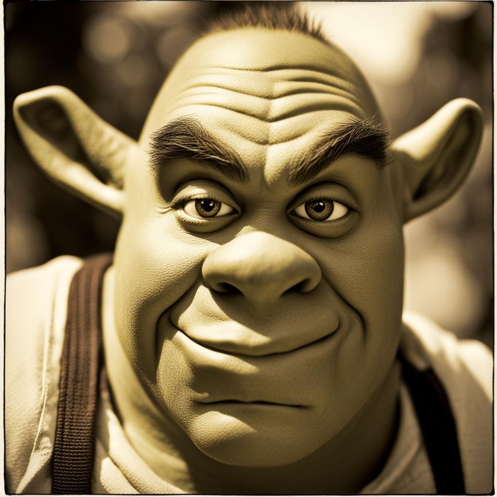Shrek, Close up portrait, ambient light, f/1.8G, sepia, Kodak Brownie ...
