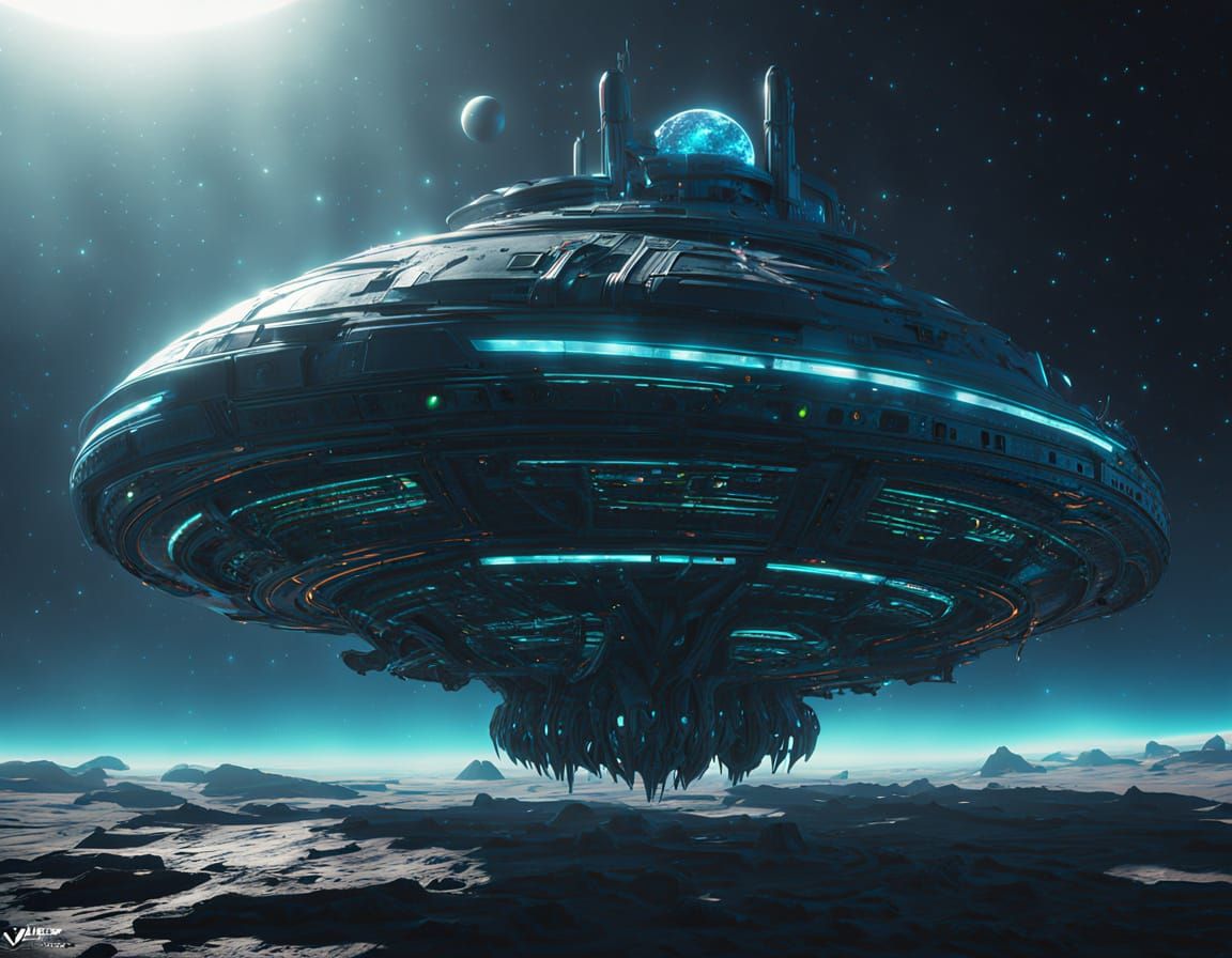Gargantuan Greeble-Covered Alien Spaceship in Irid... - AI Art