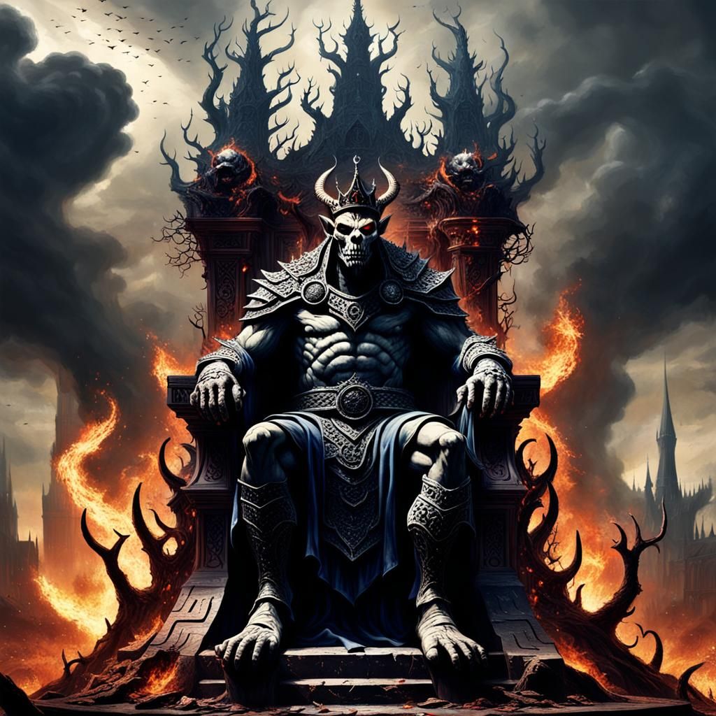 Un démon assis sur un trône royal, apocalyptique, chaotique, infernal ...