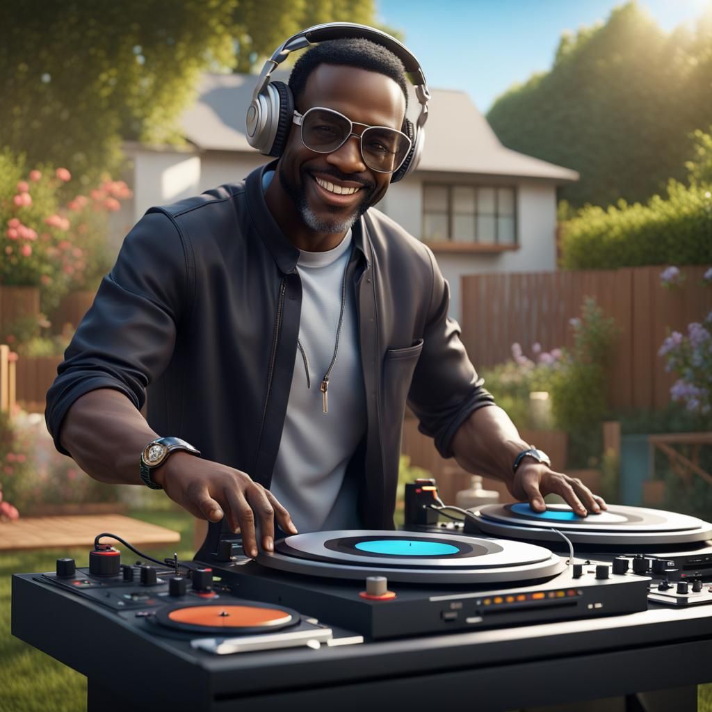 hyperrealistic portrait of a middle-aged smiling black male dj dressed ...