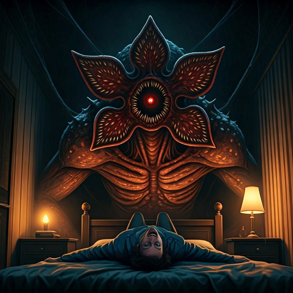 Grotesque Creature Emerges from Shadows in Dark Be... - AI Art