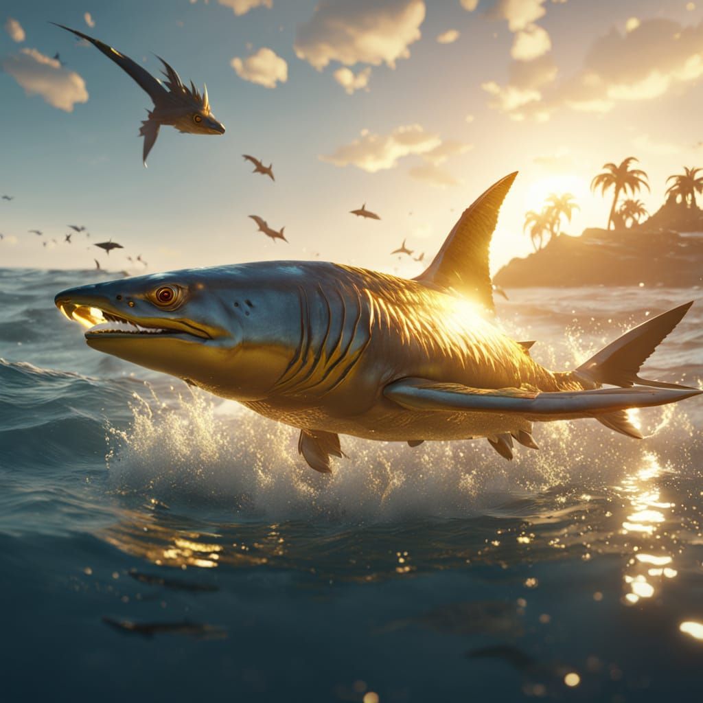 Golden chicken chasing a shark - Golden Chicken Chases Shark...
