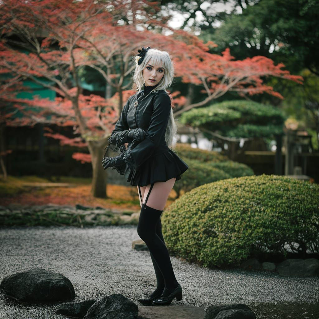 Kendall, gothic outfit, black pantyhose, slim dress, look right ...