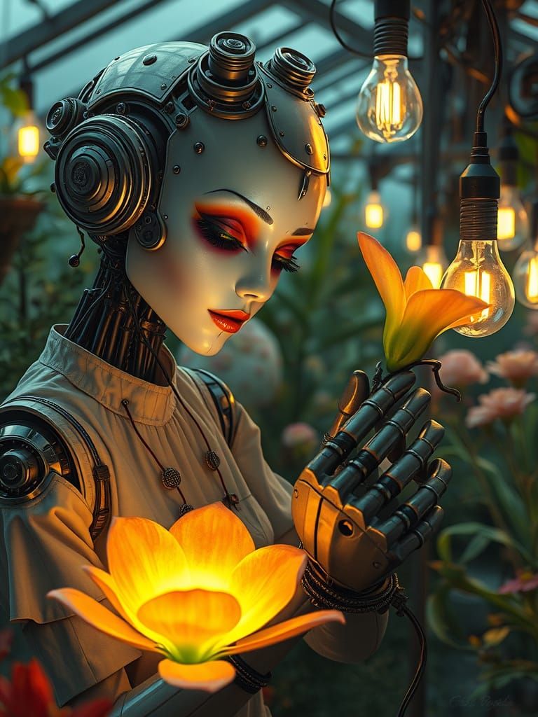 Robot Botanist in Retro-Futuristic Greenhouse - AI Art