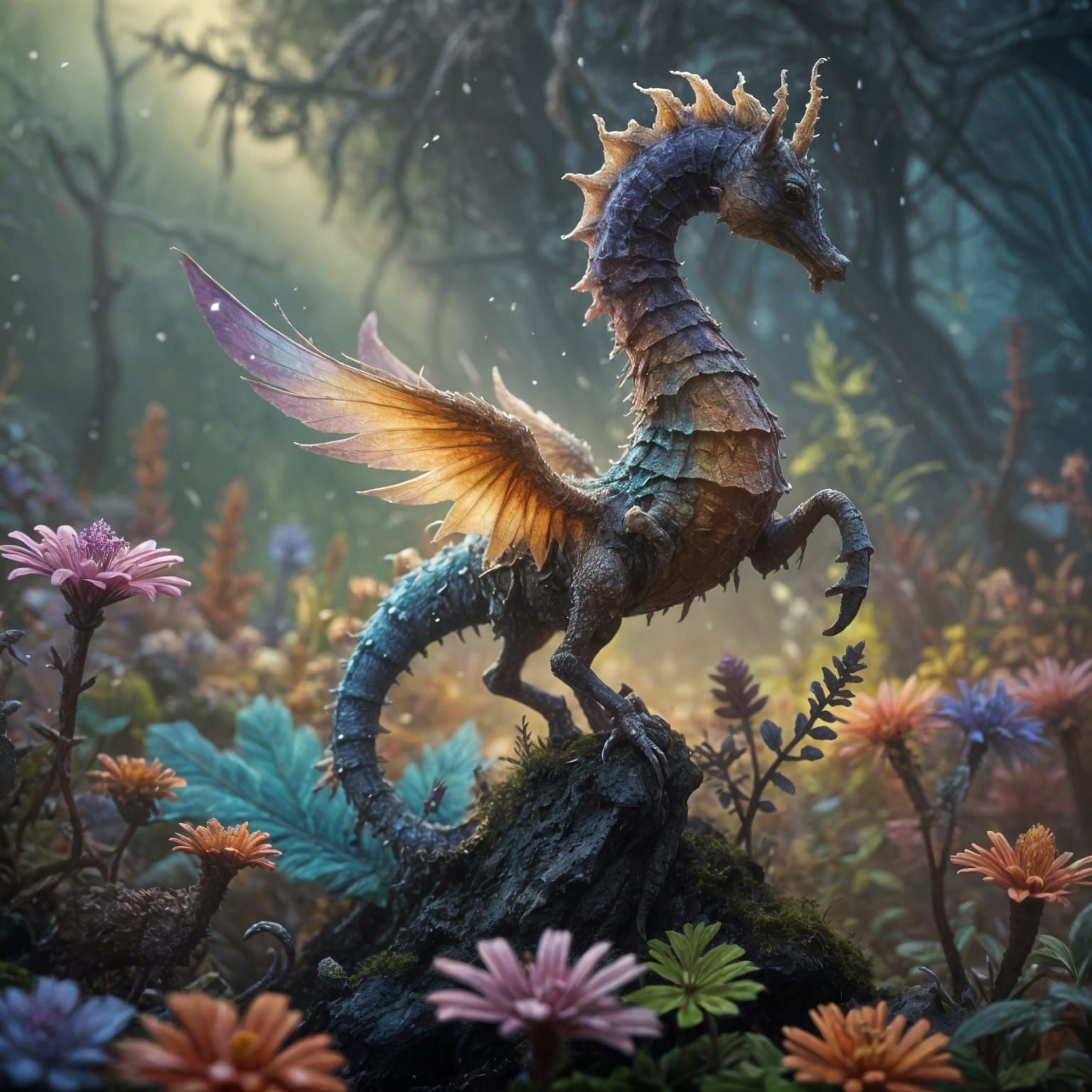 Teeny Tiny Fluffy Fuzzy Furry alien seahorse with wings and bug like ...