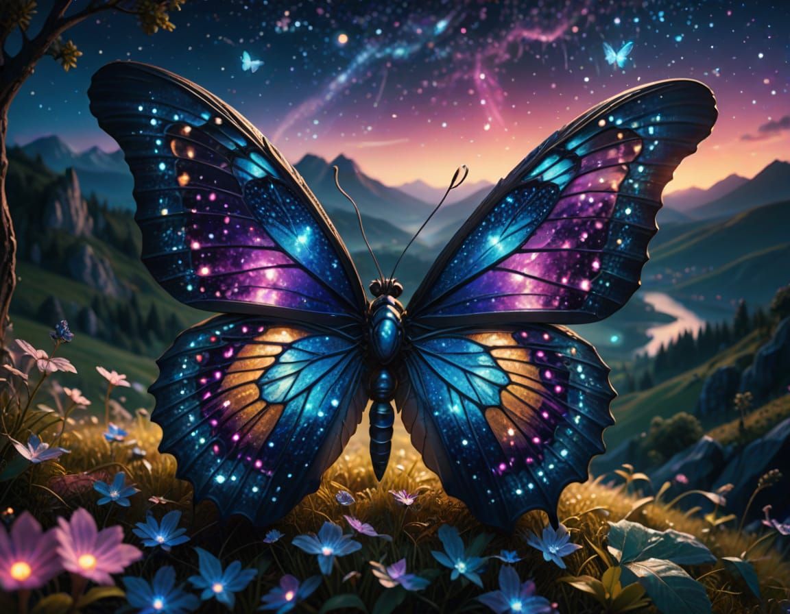 Ethereal Galaxy Butterfly Under Starry Night Sky - AI Art