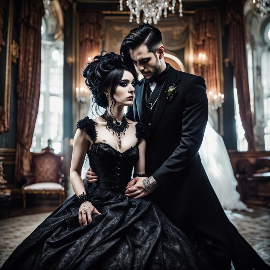 a goth party with a stunning black hairbride in a black dress, black necklace and a handsome ...
