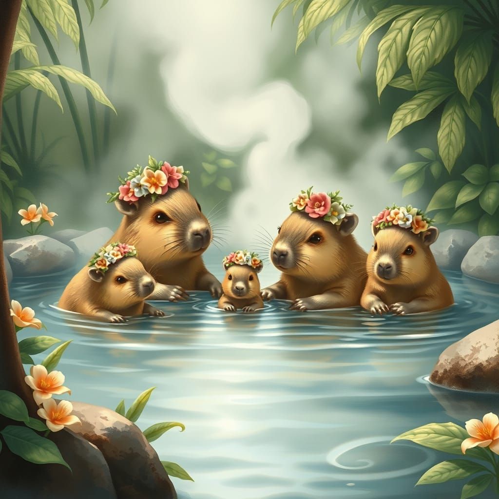 Capybara hot springs - Capybara Family Relaxing in Floral H...