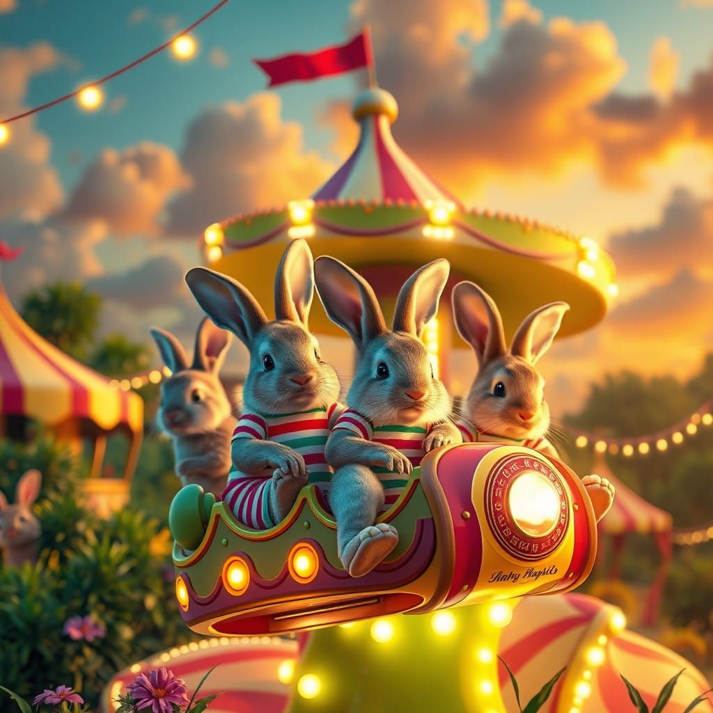 Critters at the carnival: Baby Rabbits riding tilt a world.