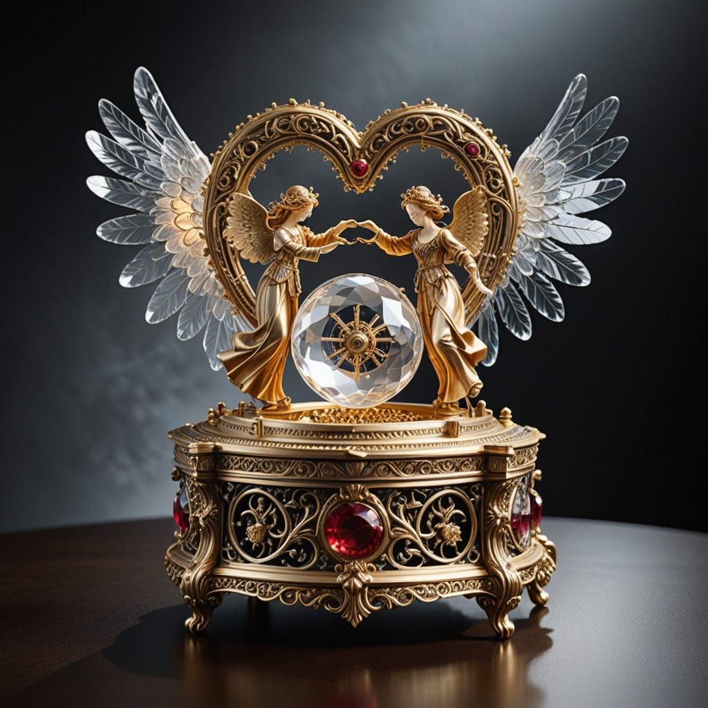 Visualize a breathtakingly ornate music box that transcends mere ...