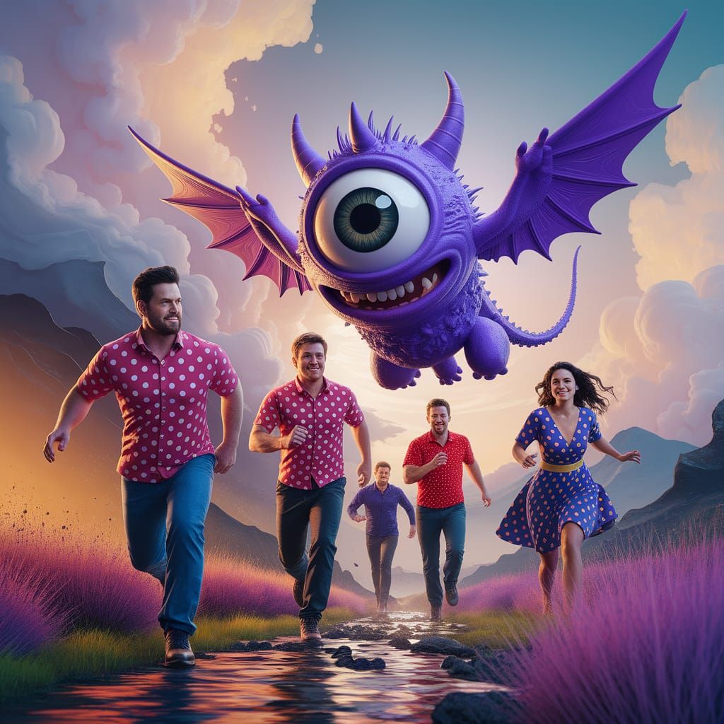 Flying Purple Creature Chasing Polka Dot People - AI Art