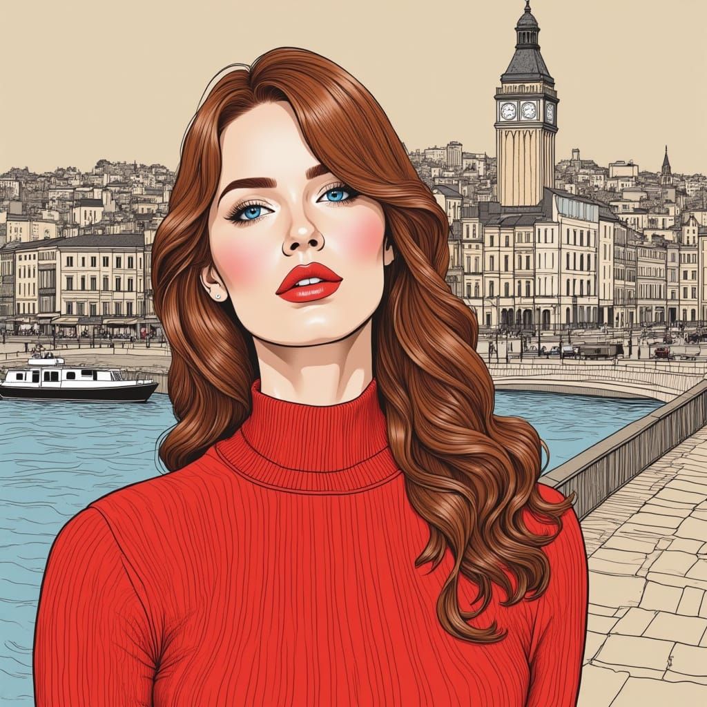 Wonderful woman, long brown hair, red sweater, in the city by the river ...