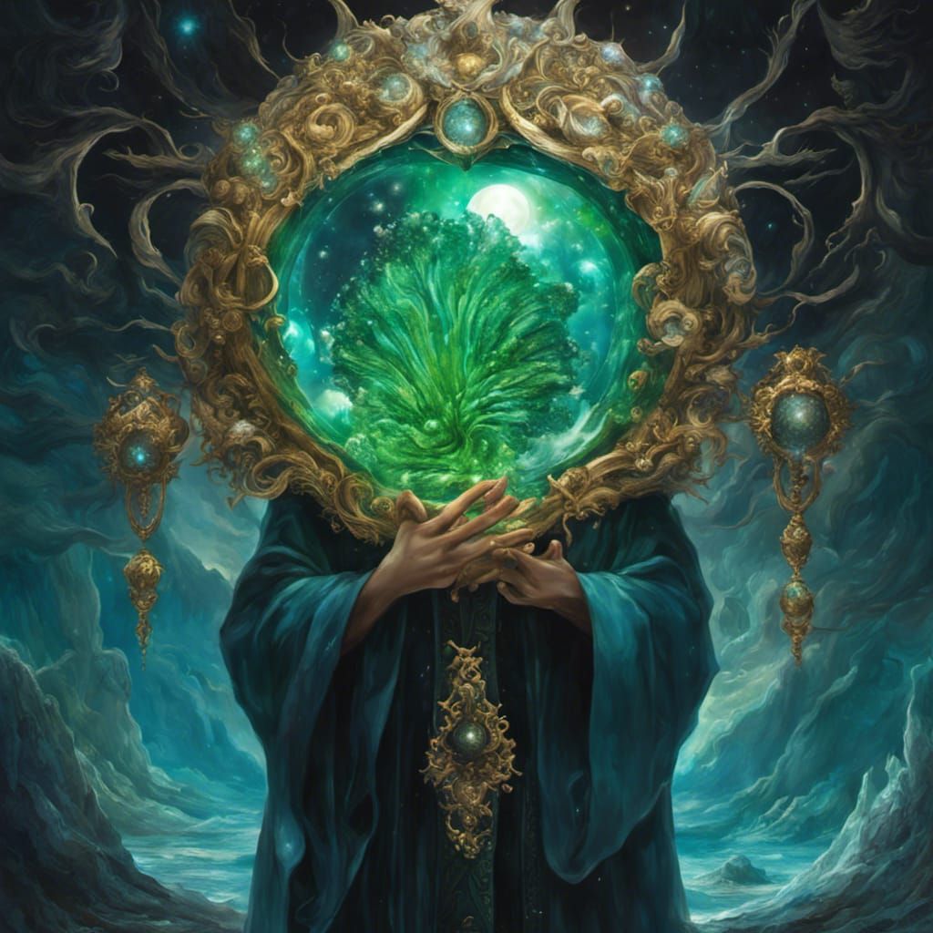 cultist mage holding a magical chunk of stone that looks like algae and ...