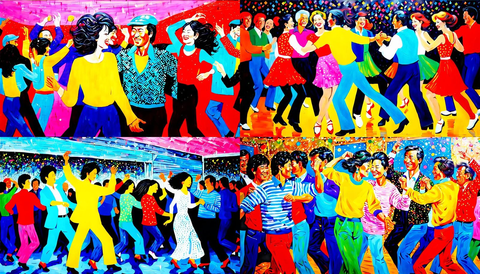 disco dancing , everyone is wearing bright colours , men and women ...