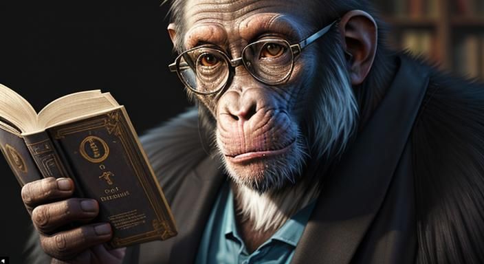 An intelligent Chimpanzee (wearing eyeglasses:1.2) & Reading a "Holy ...