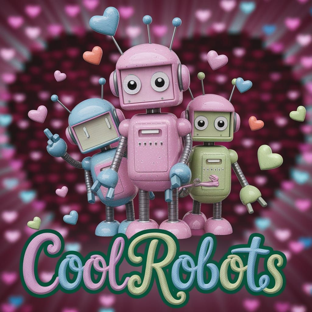Three cute pastel robots, pink blue and green, wit... - AI Art