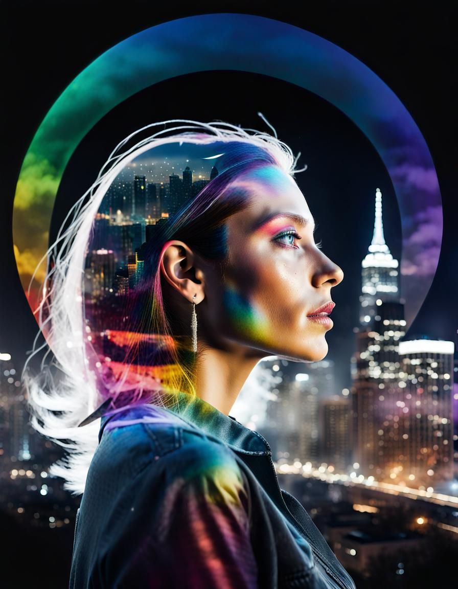 Double exposure photography of a rainbow colors woman and the ...