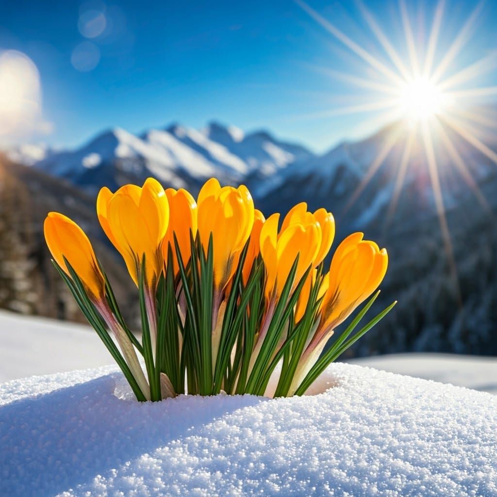 Close-up, bright yellow and purple, realistic crocuses making their way ...