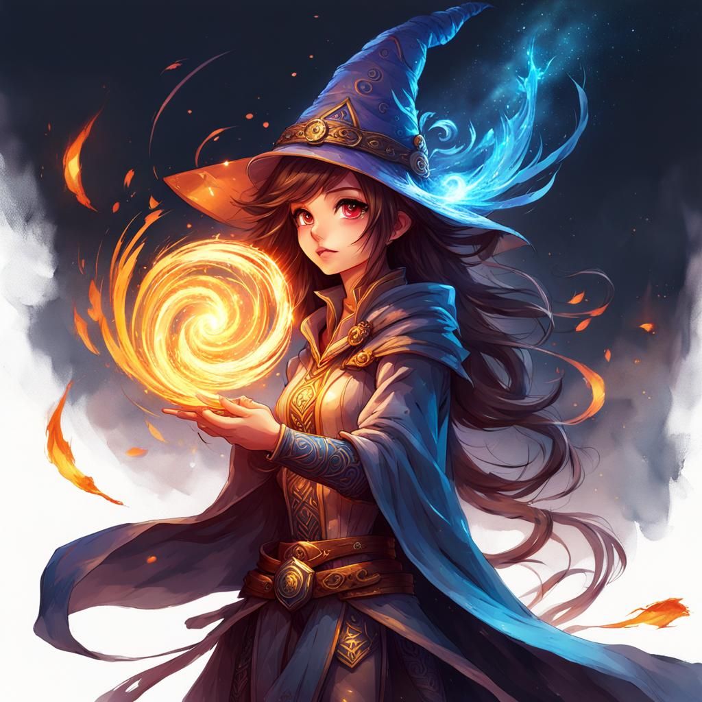 Cute chibi wizard girl, beautiful_eyes, fire casting, sorcery spiraling ...