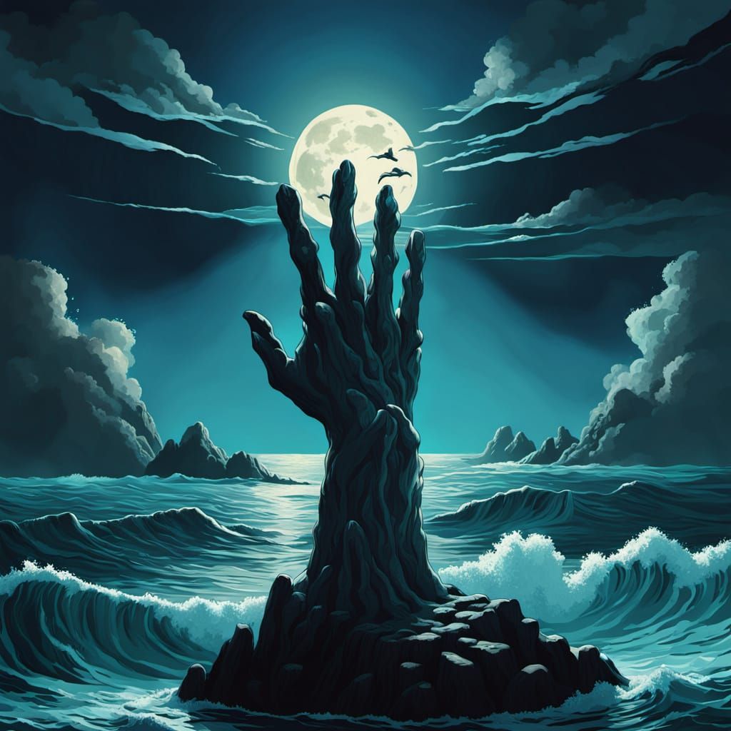 Colossal Oceanic Hand Rises in Dark Fantasy Scene - AI Art