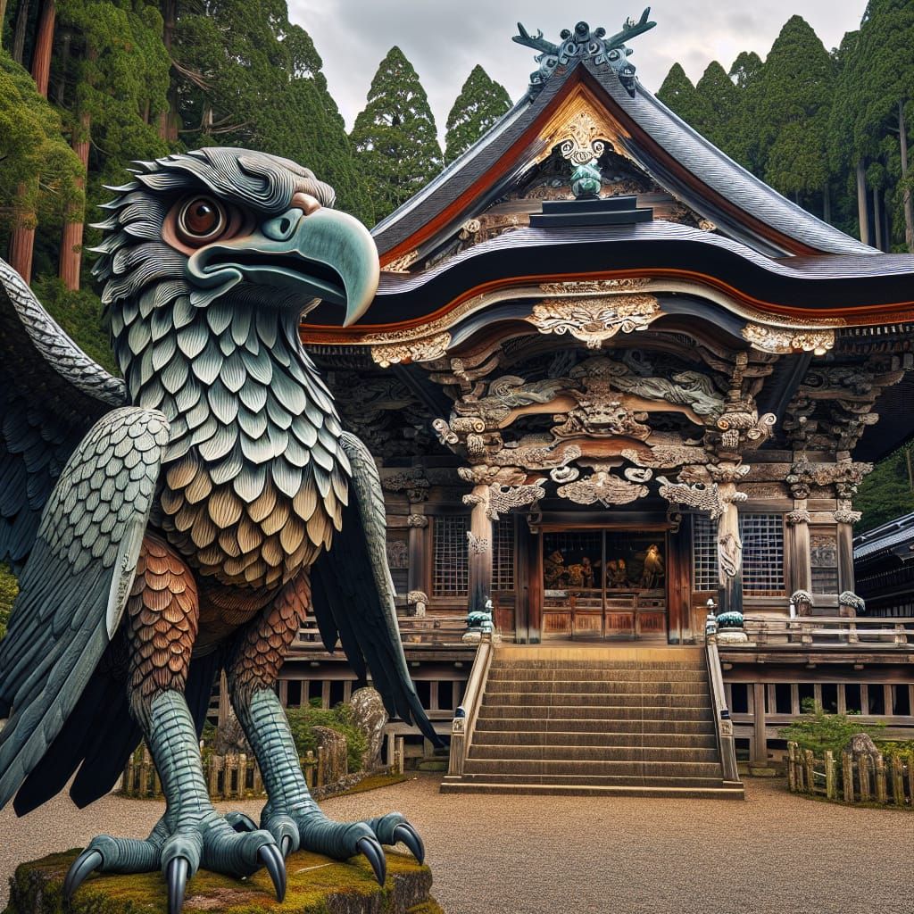 Surreal Tengu Guardian in Traditional Japanese Tem... - AI Art