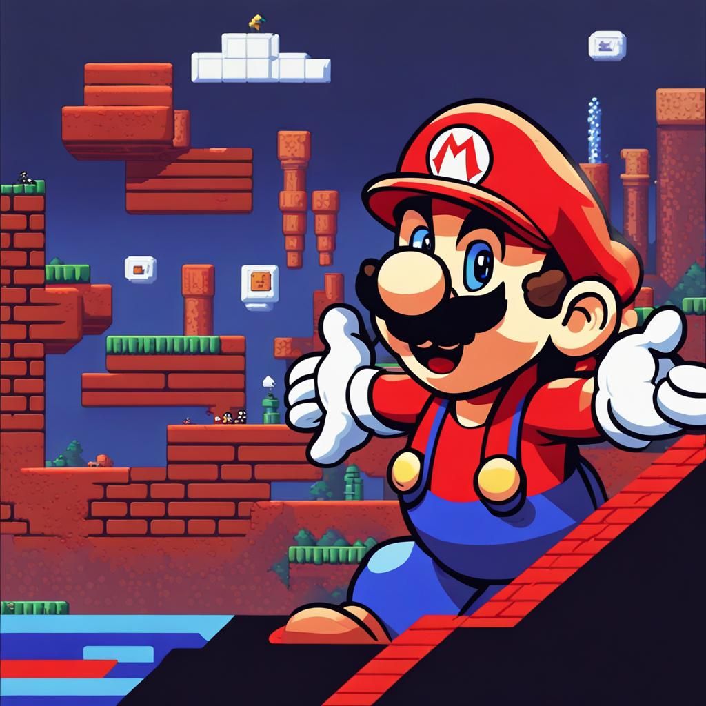 Super Mario depicted in a retro game revolution style, foreground ...