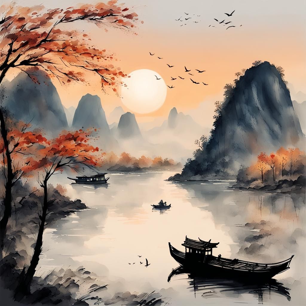 Ink landscape painting style，Autumn in the landscape of Guilin。Sunset ...