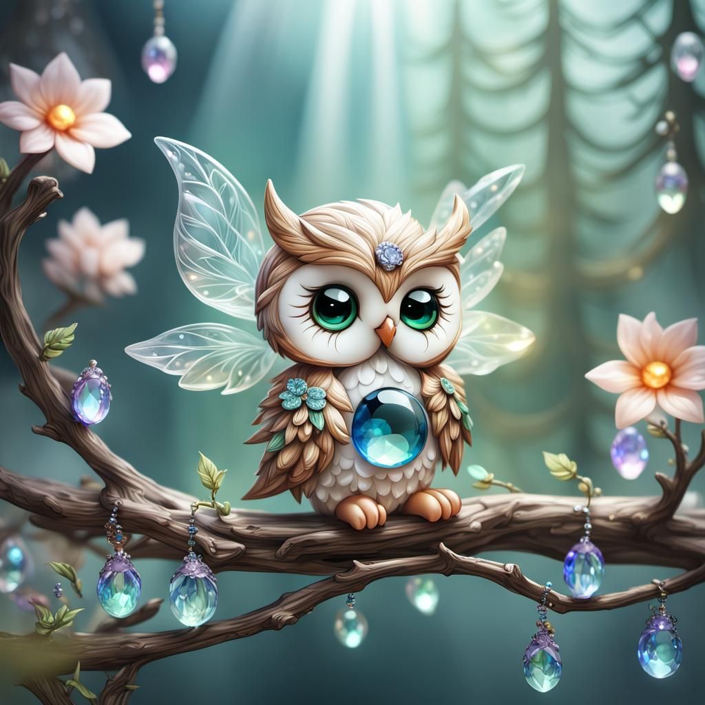 the cutest Chibi owl ever with very bright eyes sitting on a pine ...