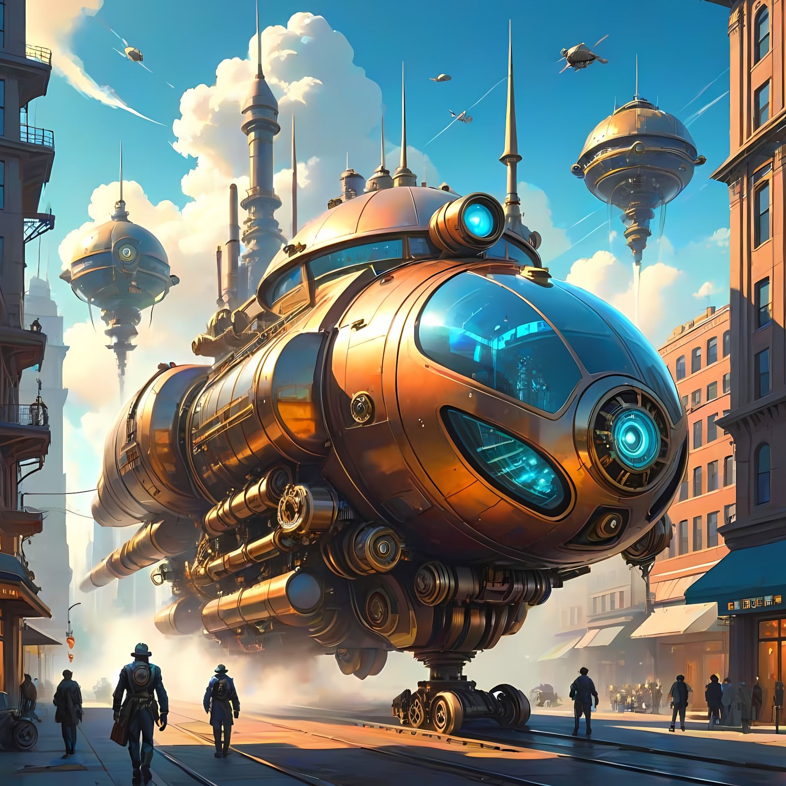 Life in the future with high-tech tram, floating pods and flying cars.