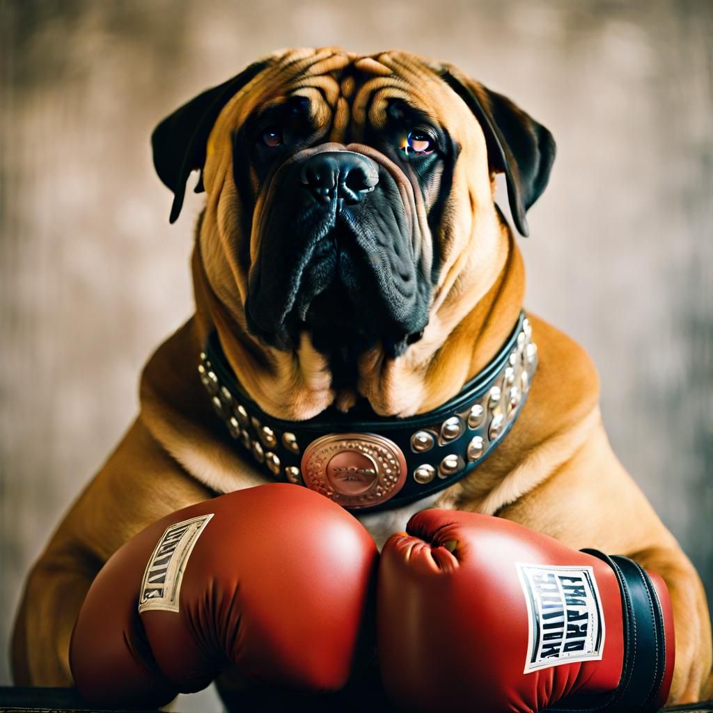 An Obese champion Boxing Bull_Mastiff, wearing boxing gloves, in the ...
