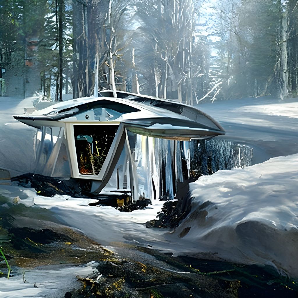 Sci-fi cabin deep in a metallic forest silver snow techno vibes ...