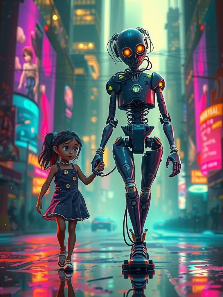 Tim Burton's cartoon Style, A humanoid robot with biomechanical features walks a young girl on a ...