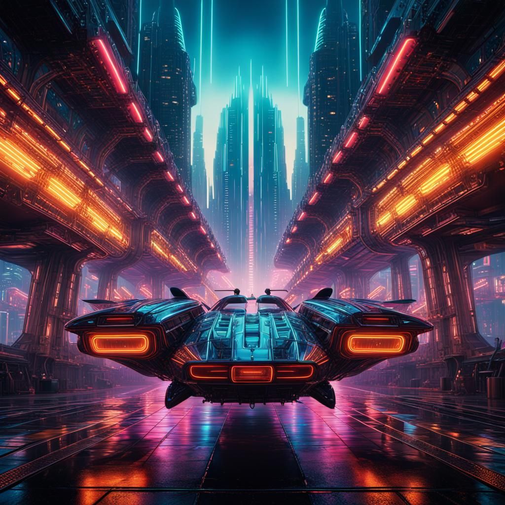 Digital fantasy cinematic neon art of "flying futuristic vehicles ...