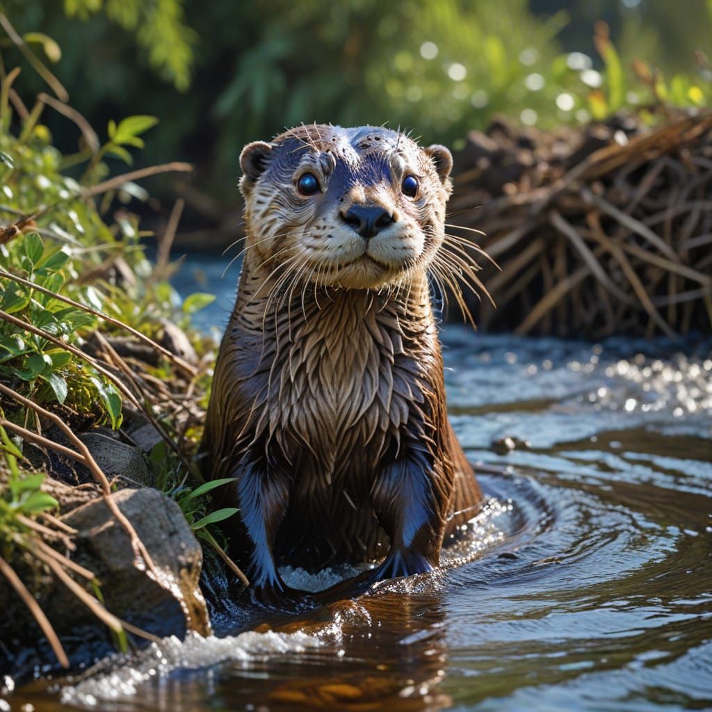 an otter building a dam in a river rapid