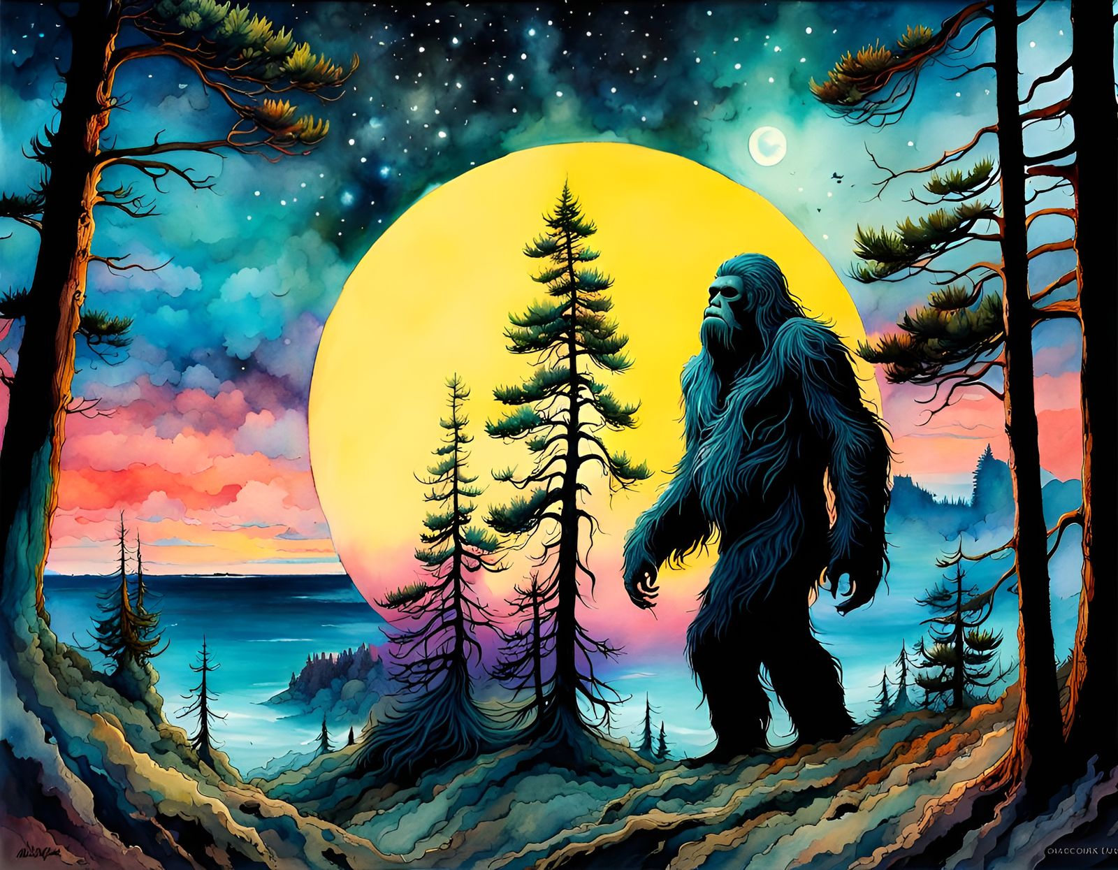 Sasquatch colorful Full moon, pine trees - AI Generated Artwork ...