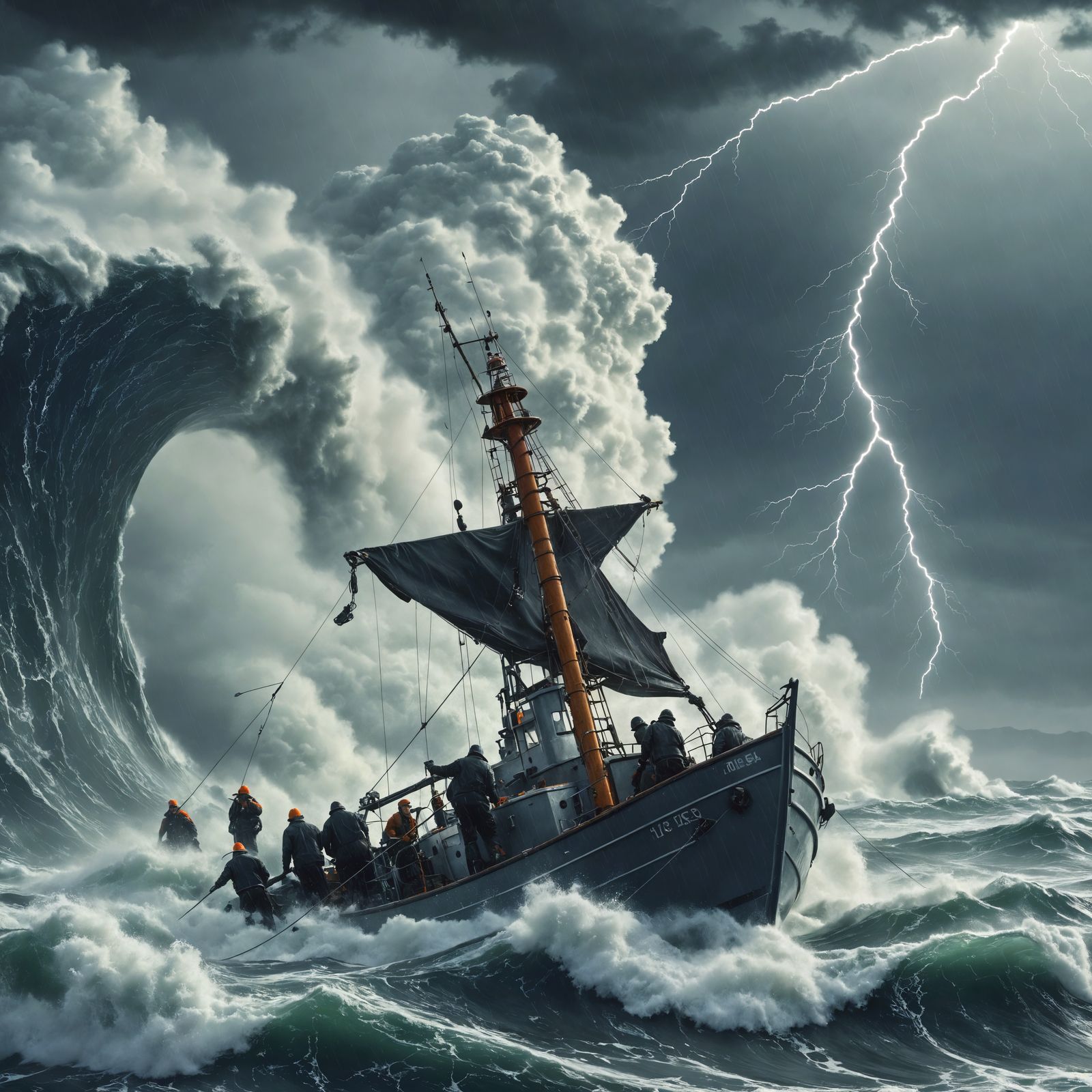 Fishermen in a trawler at sea, surreal storm, battling against the ...
