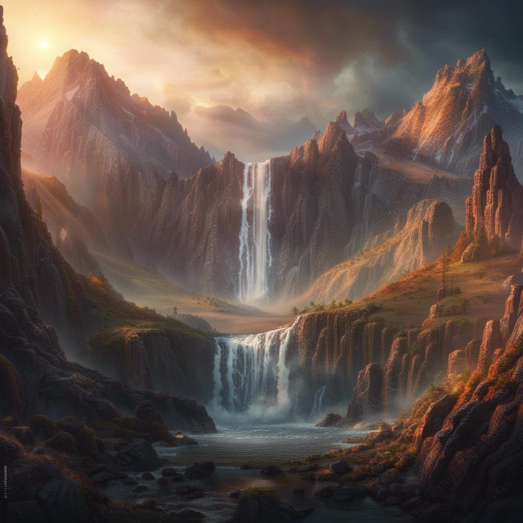 Waterfall and mountains, Sunrise over the mountains, Post apocalyptic ...