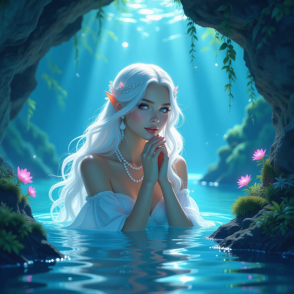 Opalescent Water Nymph Emerges from Luminous Grott... - AI Art