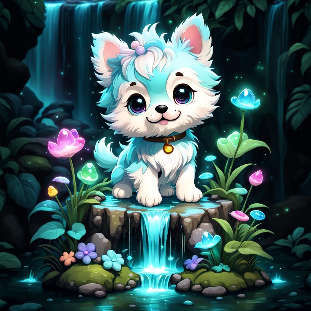 adorable cute chibi baby furry Puppy with a bioluminescent Waterfall in ...