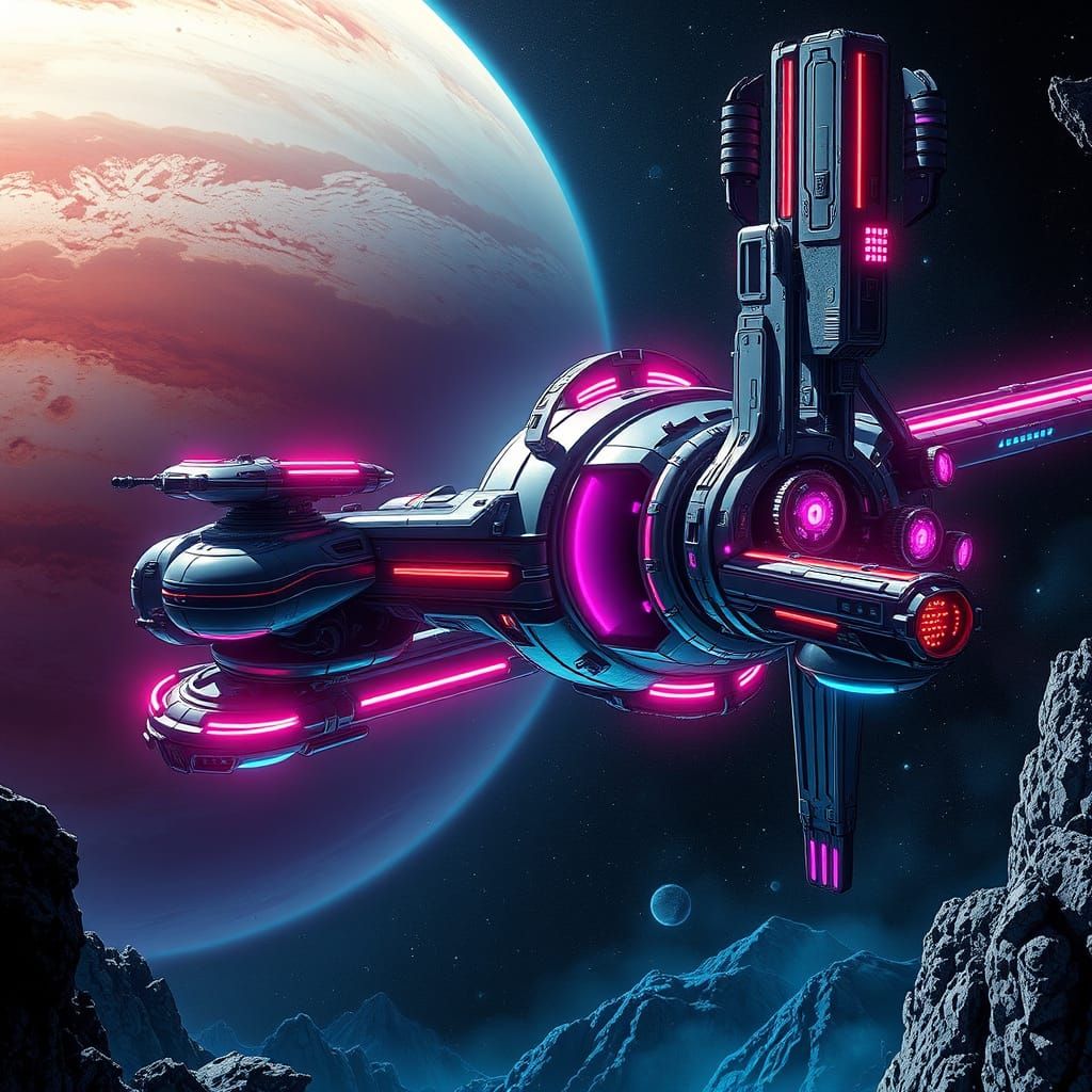 Sleek Retro-Futuristic Space Station in Neon-Lit O... - AI Art