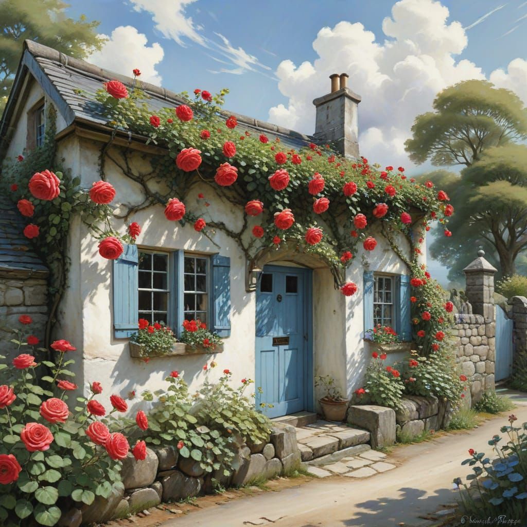 red rose creeper on the wall of white cottage