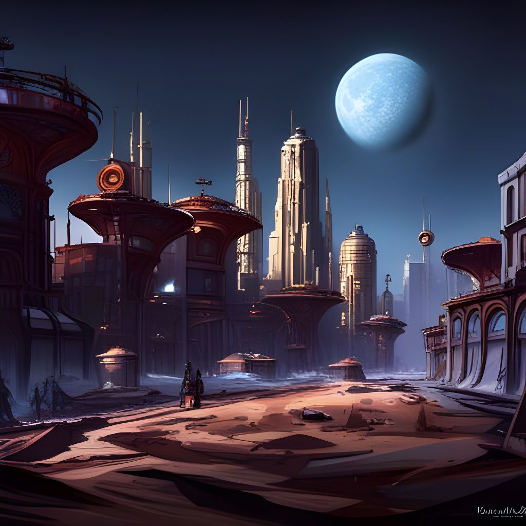 a little city on the moon in year 2500, robots on the street, Glasdomes ...