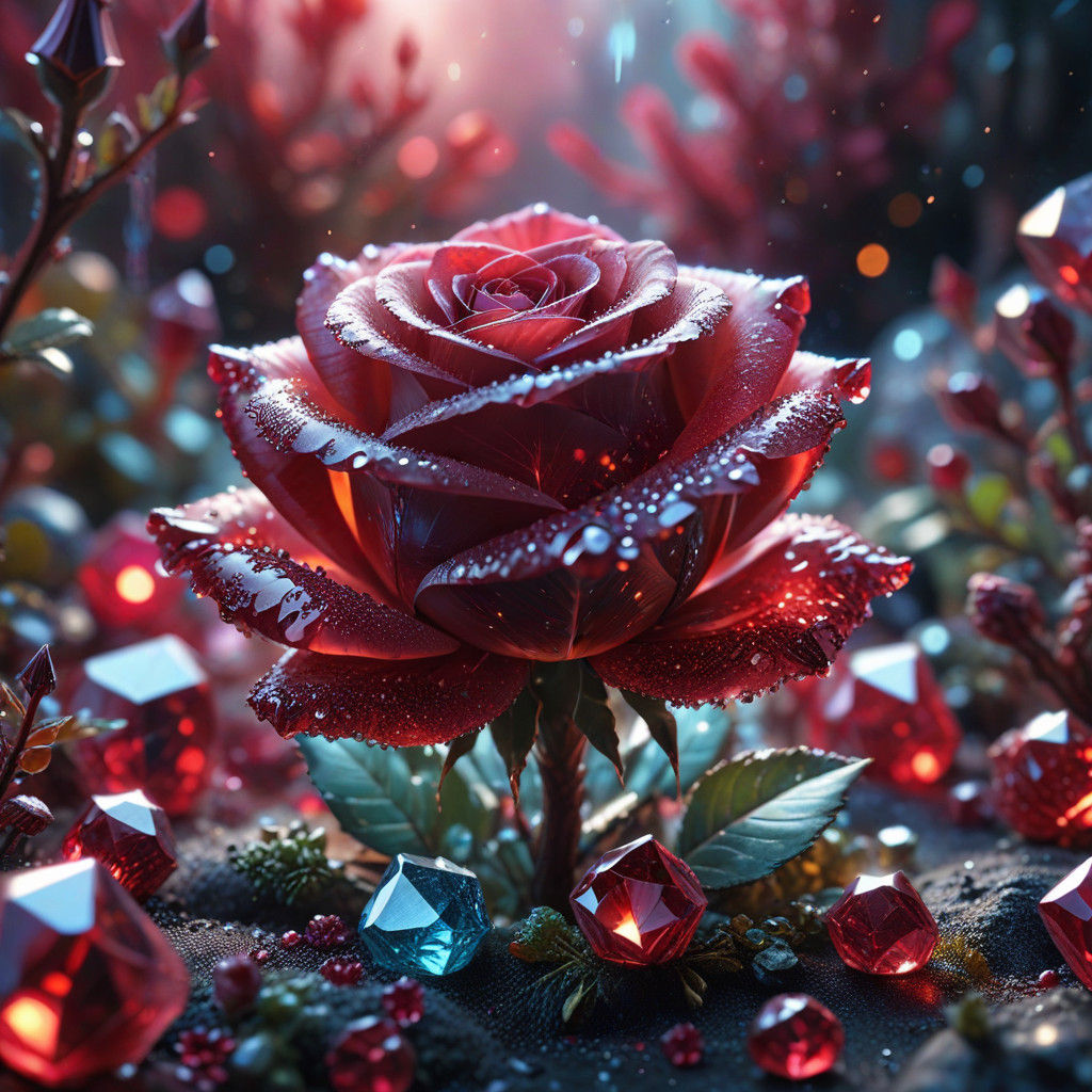 Ruby Red Rose in A Wonderland of Ruby Gemstones